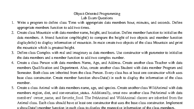 OOP Lab Exam Questions: Class Design & Operator Overloading - Studocu