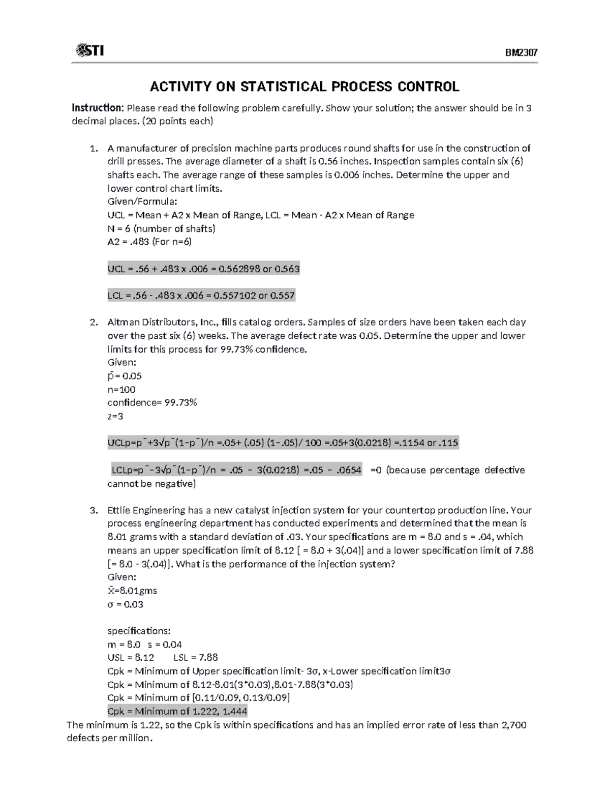 BM 04 Statistical Process Control Activity Solutions - Studocu