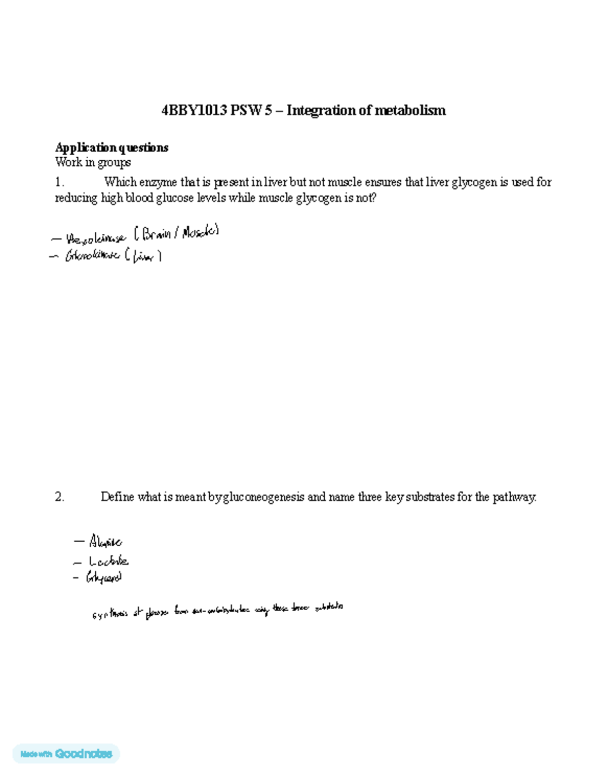 4B1013 PSW 5 Integration of Metabolism: Application Questions - Studocu