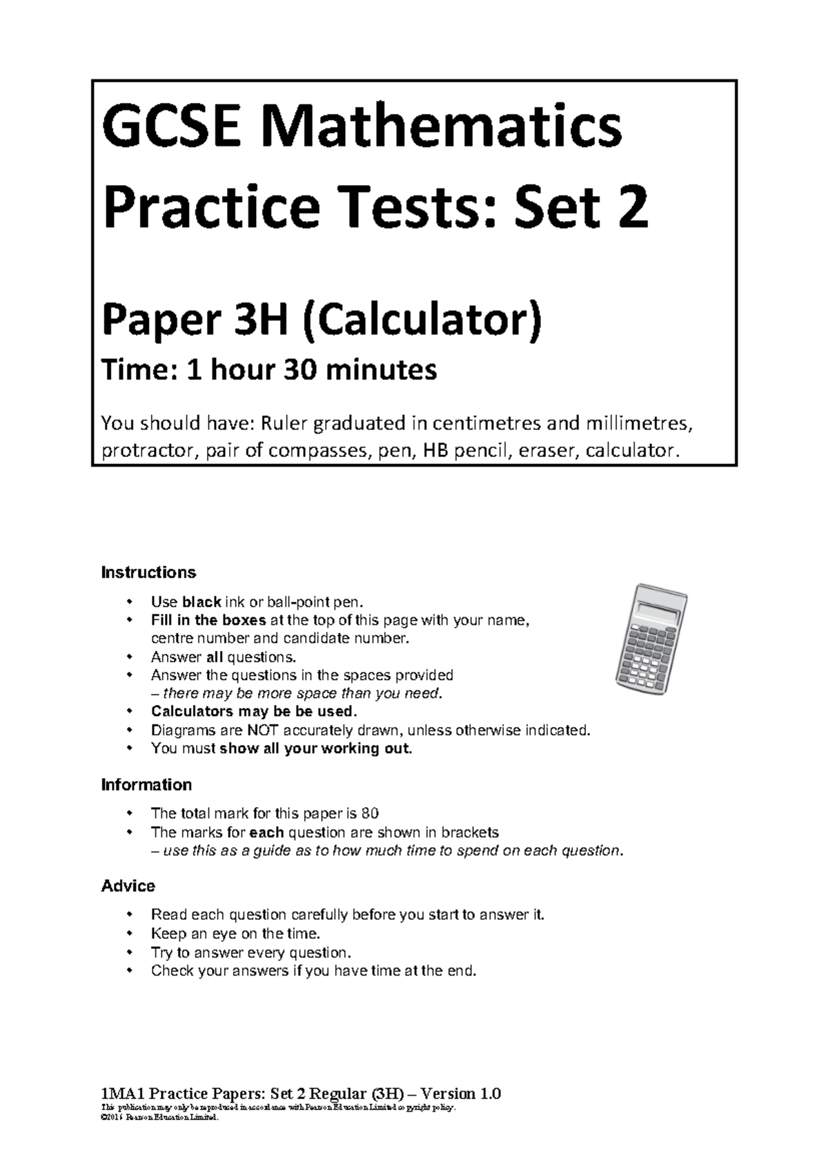 Edexcel Maths GCSE - Practice Paper 2 (3H) Examination Guide - Studocu