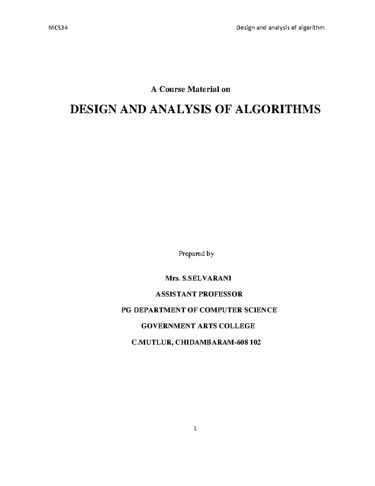 MCS34 Final Exam Study Material on Design and Analysis of Algorithms - Studocu