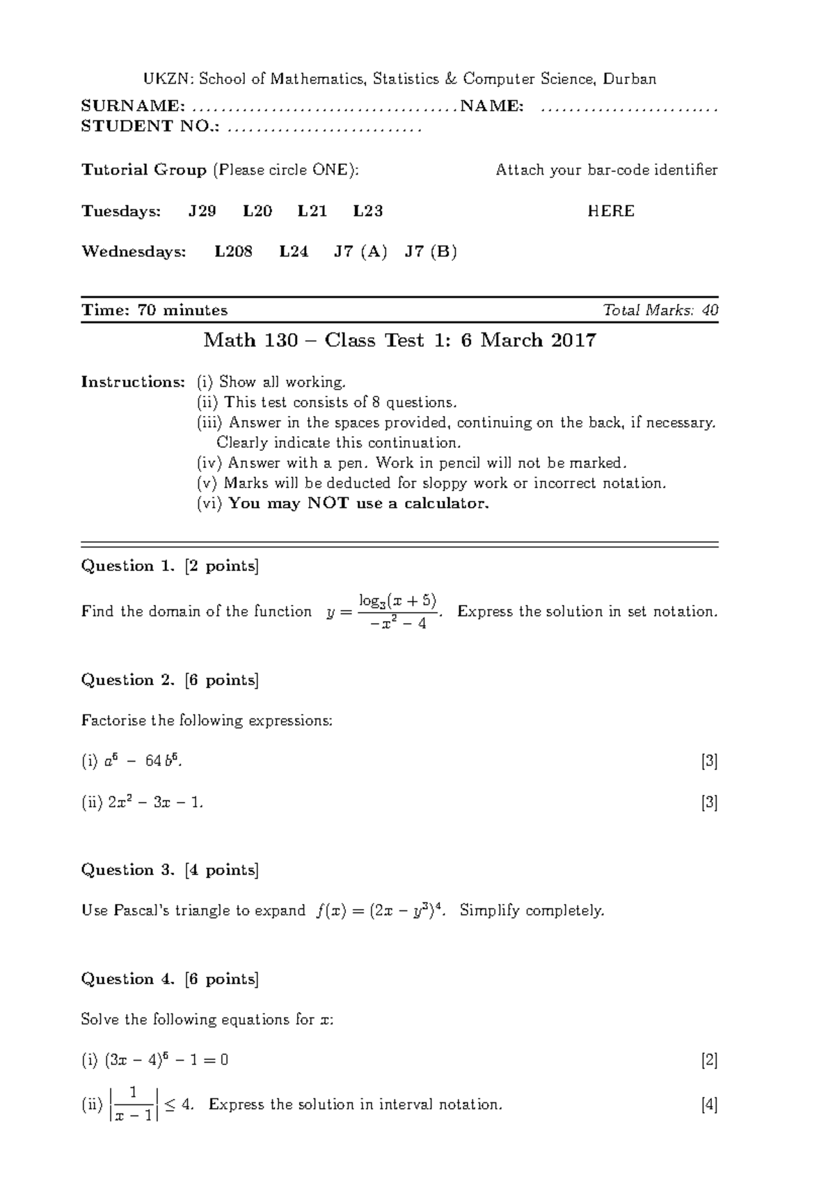 Test 1 - Ffhnvx - UKZN: School of Mathematics, Statistics & Computer ...