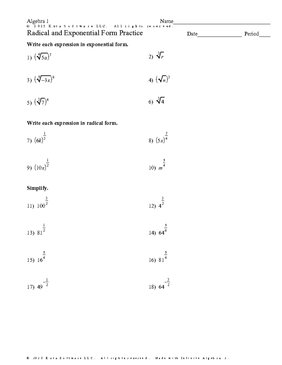 Algebra 1: Radical and Exponential Form Practice Worksheet - ©d Q 2 i 0 ...