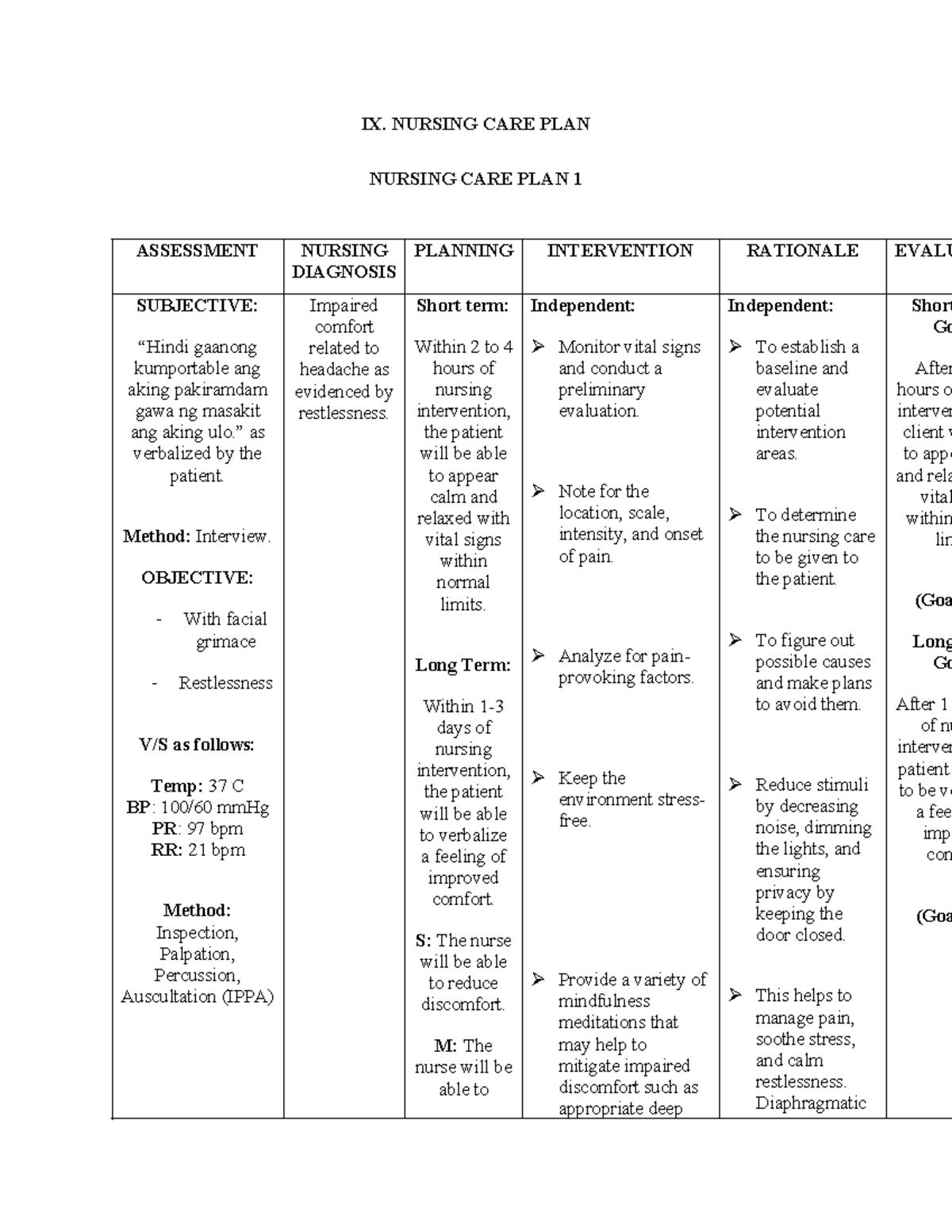 NCP - Headache Nursing Care Plan and Interventions Guide - Studocu