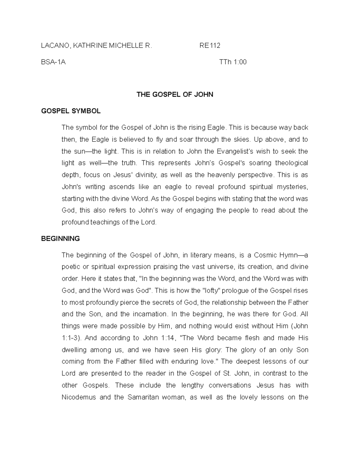 RE112 Final Exam: Summary of the Gospel of John - Studocu