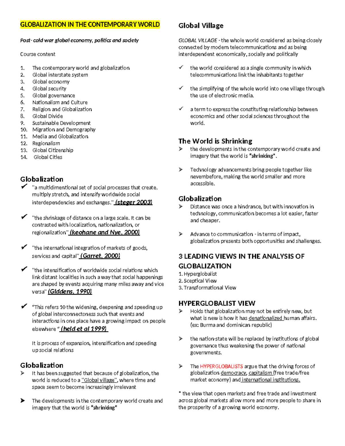 Globalization in the Contemporary World: Economic Perspectives & Issues - Studocu