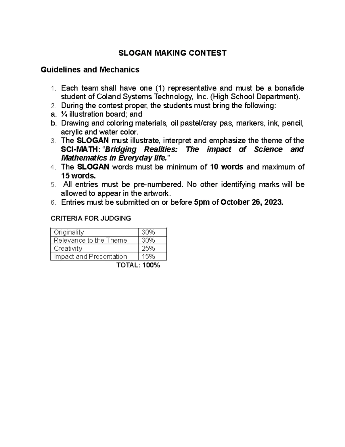 SCI-MATH Slogan, Poster & Digital Poster Contest Guidelines - Studocu