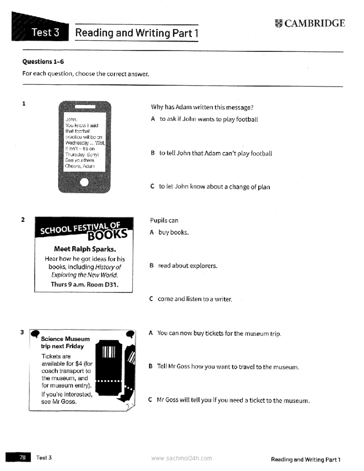 A2 Reading Test - CAMBRIDGE Test 3 Reading & Writing Part 1-5 - Studocu