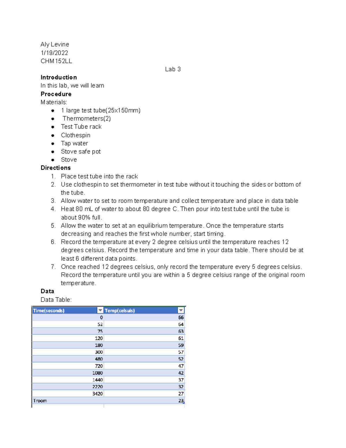 Lab 3 CHM152LL - lab work for chem 152 - Aly Levine 1/19/ CHM152LL Lab ...
