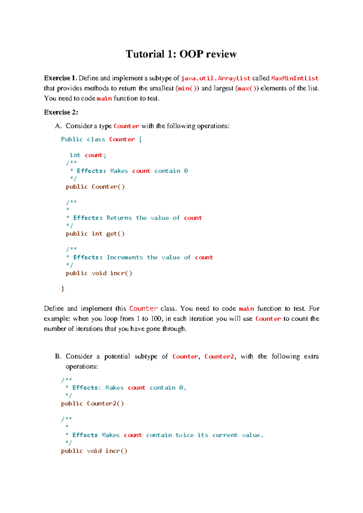 Tut1 - Tutorial - Tutorial 1: OOP review Exercise 1. Define and ...