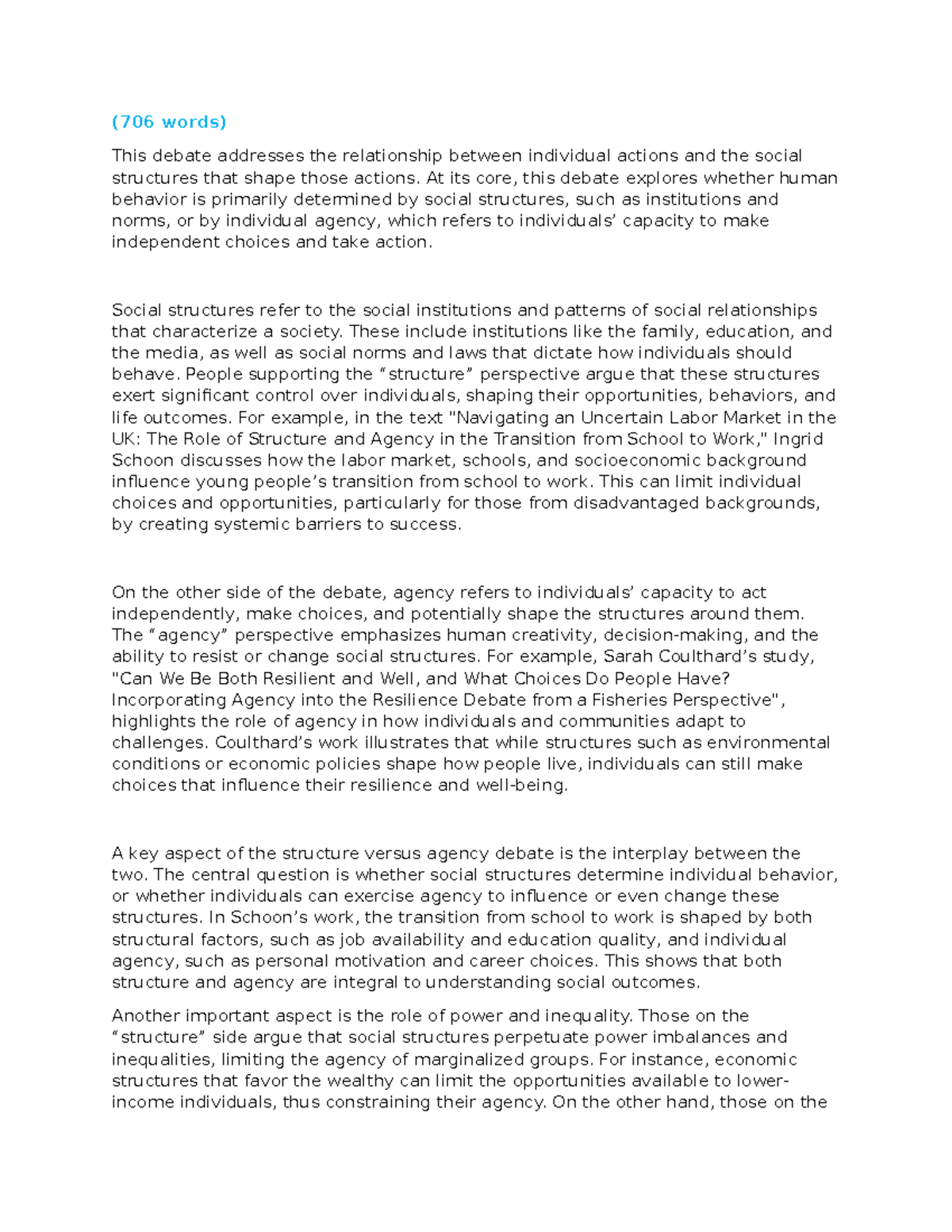 Exploring Structure vs. Agency: Insights for Essay Q1 Draft - Studocu