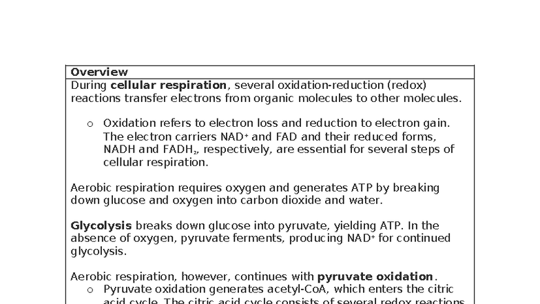 Detailed Lecture Notes on Cellular Respiration (Bio 101) - Studocu