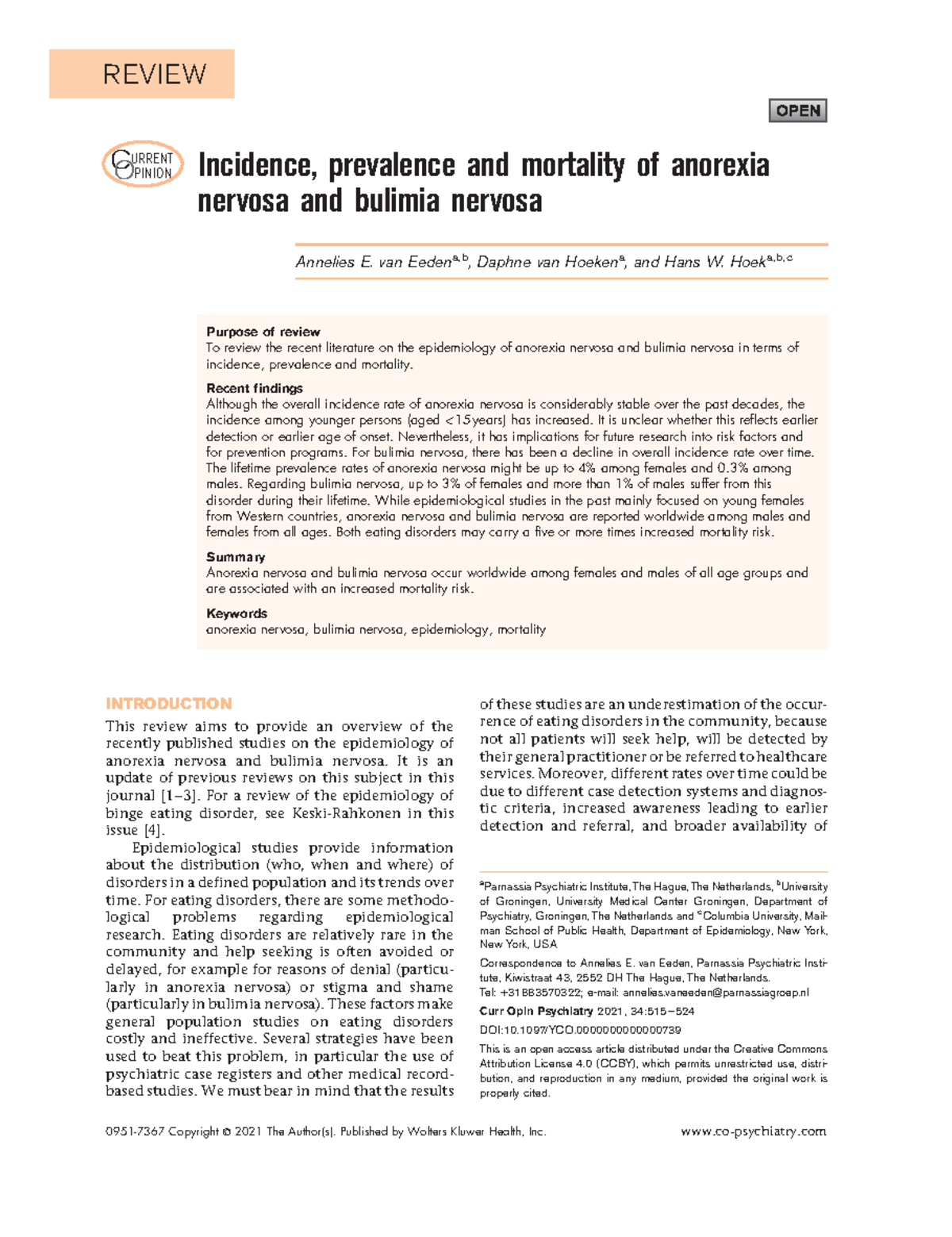 Incidence prevalence and mortality of anorexia - van Eedena,b, Daphne ...