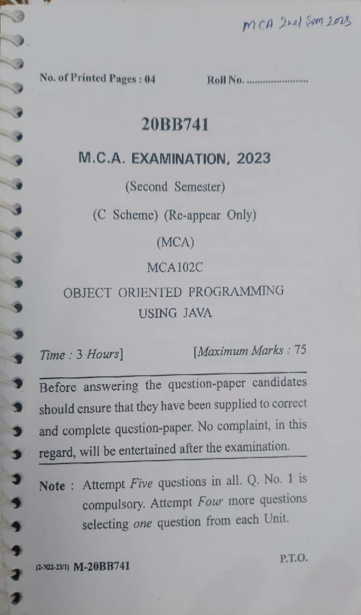 MCA second sem - Previous years Question - MCA 2nd Sem 2023 No. of ...