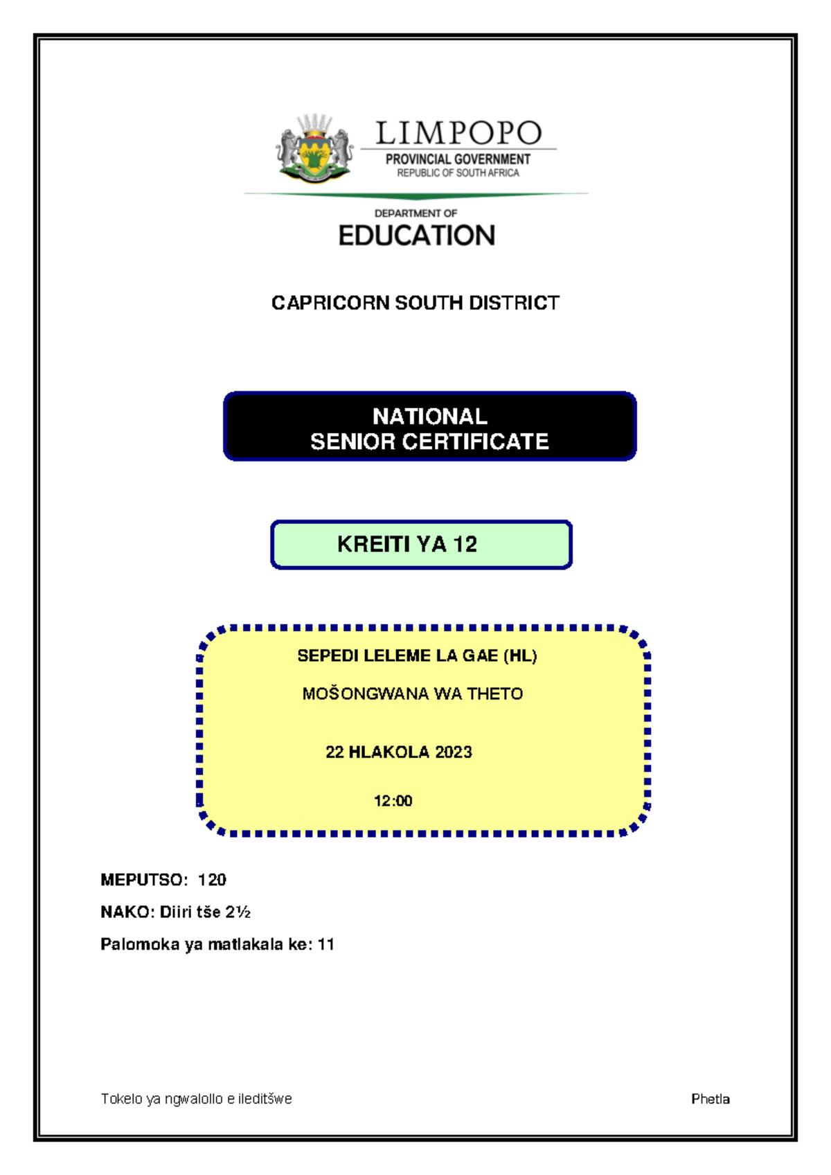 Kreiti ya 12: Molekwana wa Theto - Sepedi 2023 Exam Guide - Studocu