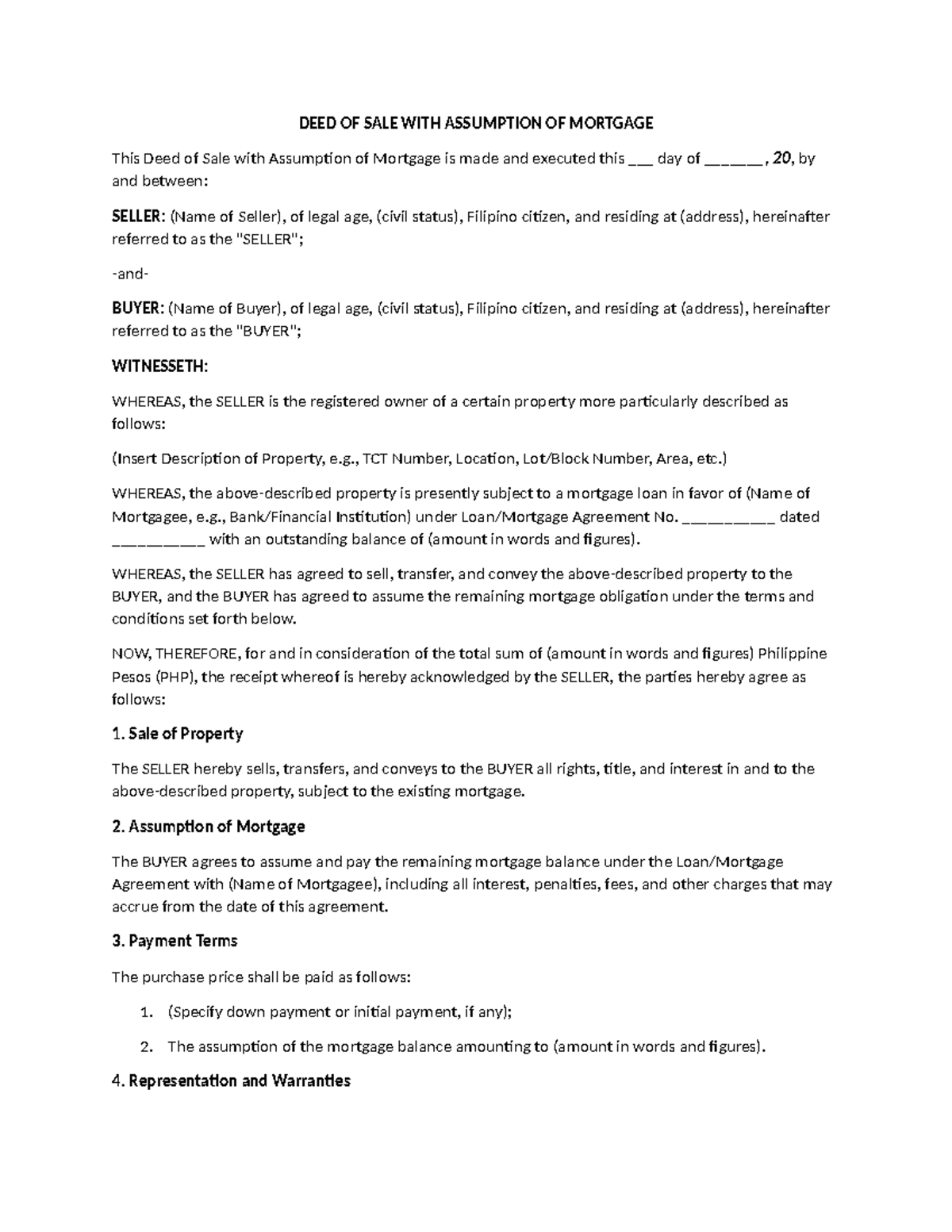 DEED OF SALE WITH ASSUMPTION OF MORTGAGE AGREEMENT Template - Studocu