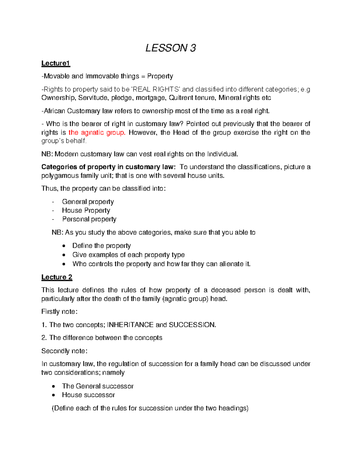Lesson 3 - Lecture Notes on Property Rights and Succession in Law - Studocu