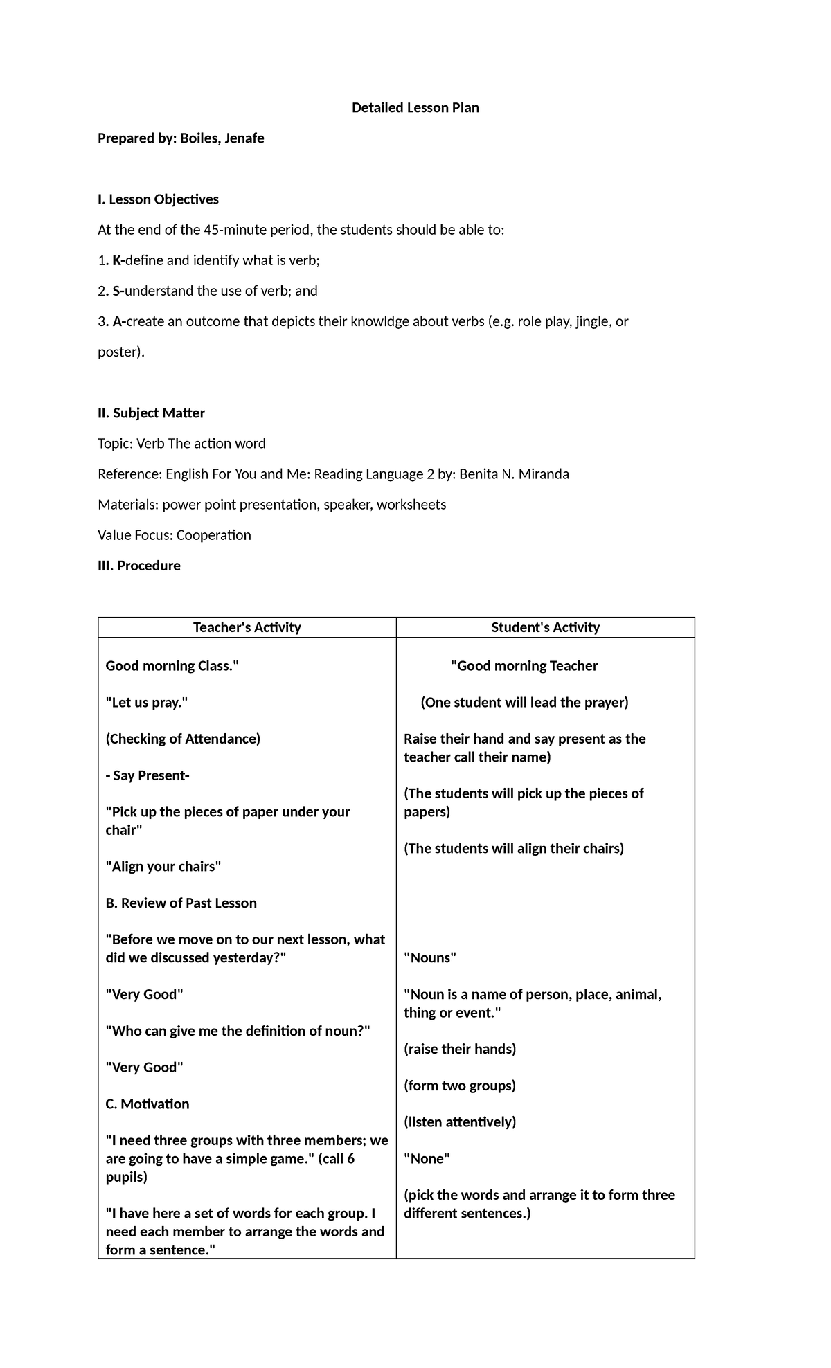Detailed Lesson Plan on Verbs: Objectives, Activities & Evaluation ...
