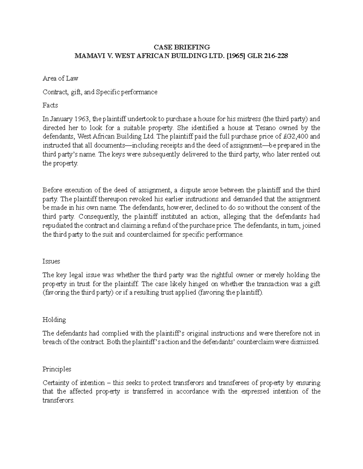 CASE BRIEF: Mamavi v. West African Building Ltd. - Contract Law ...