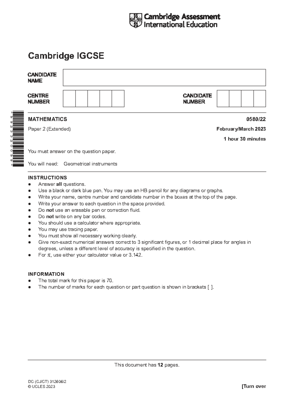 0580 m23 qp 22 - igcse maths past paper - This document has 12 pages ...