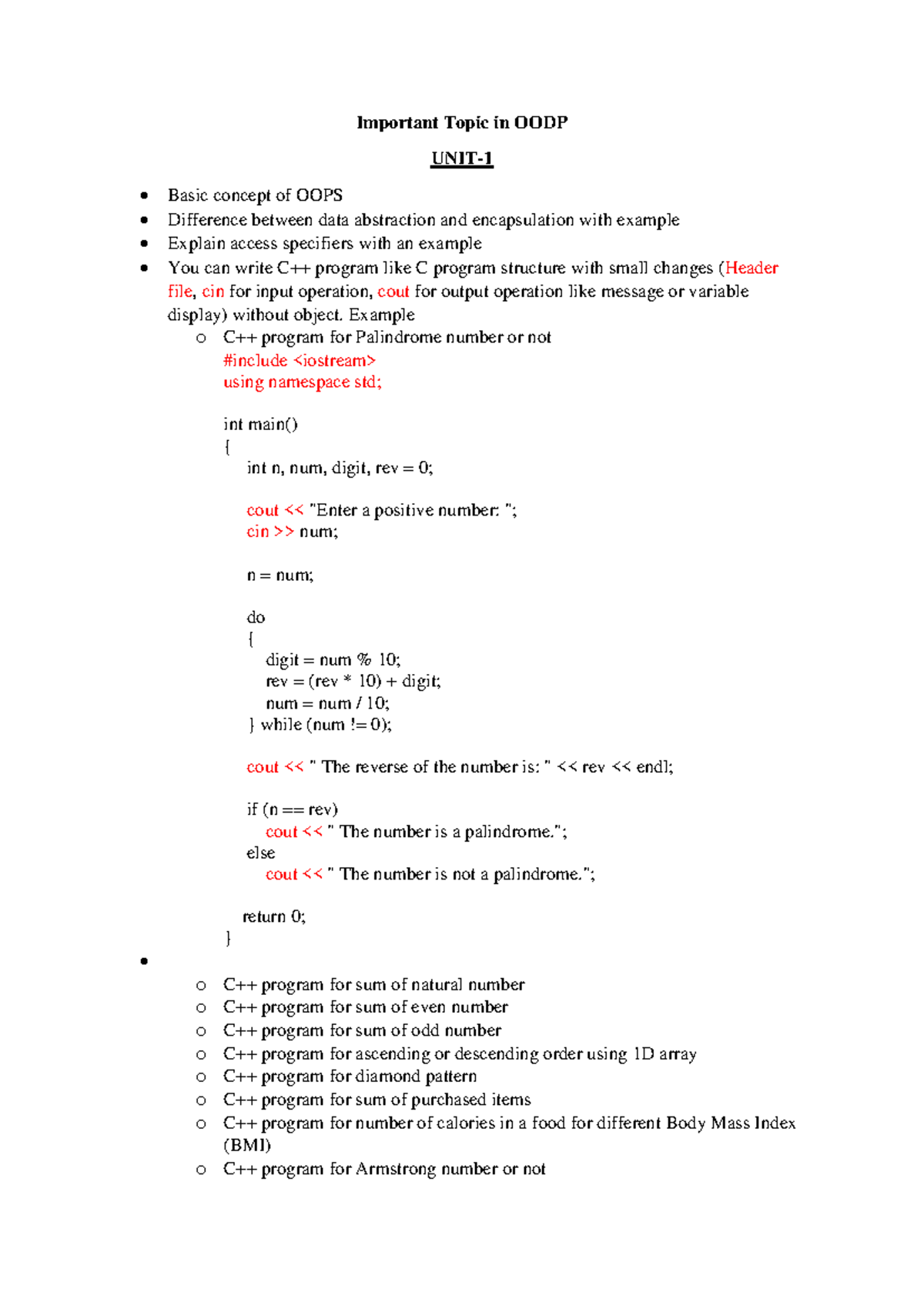 Important Topic in OODP - Important Topic in OODP UNIT- Basic concept of OOPS Difference between ...