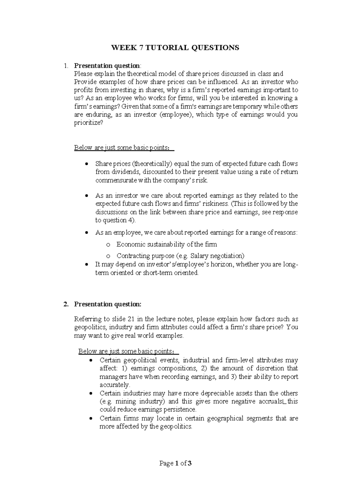 Week 8 Tutorial Questions Notes S2 2024: Share Prices & Market ...