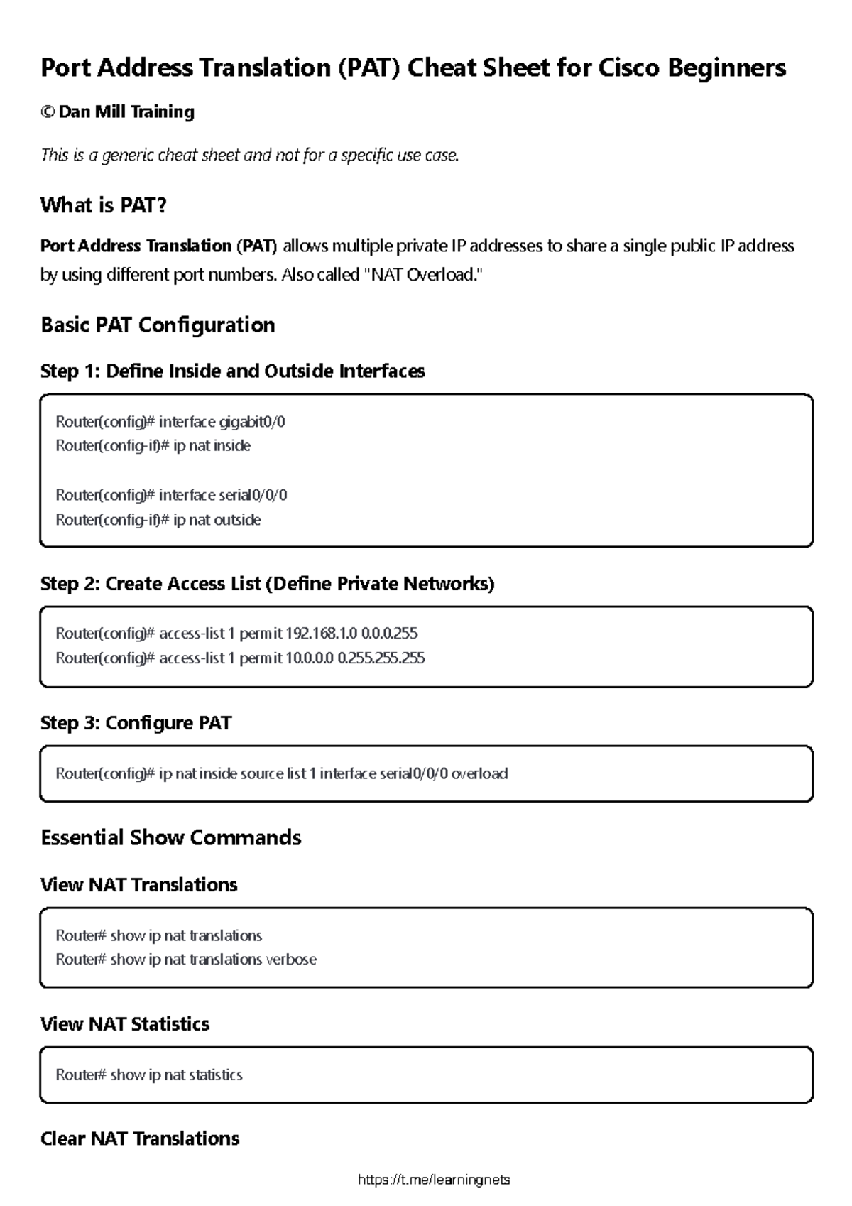 23. Port Address Translation (PAT) Cheat Sheet for Cisco Beginners ...