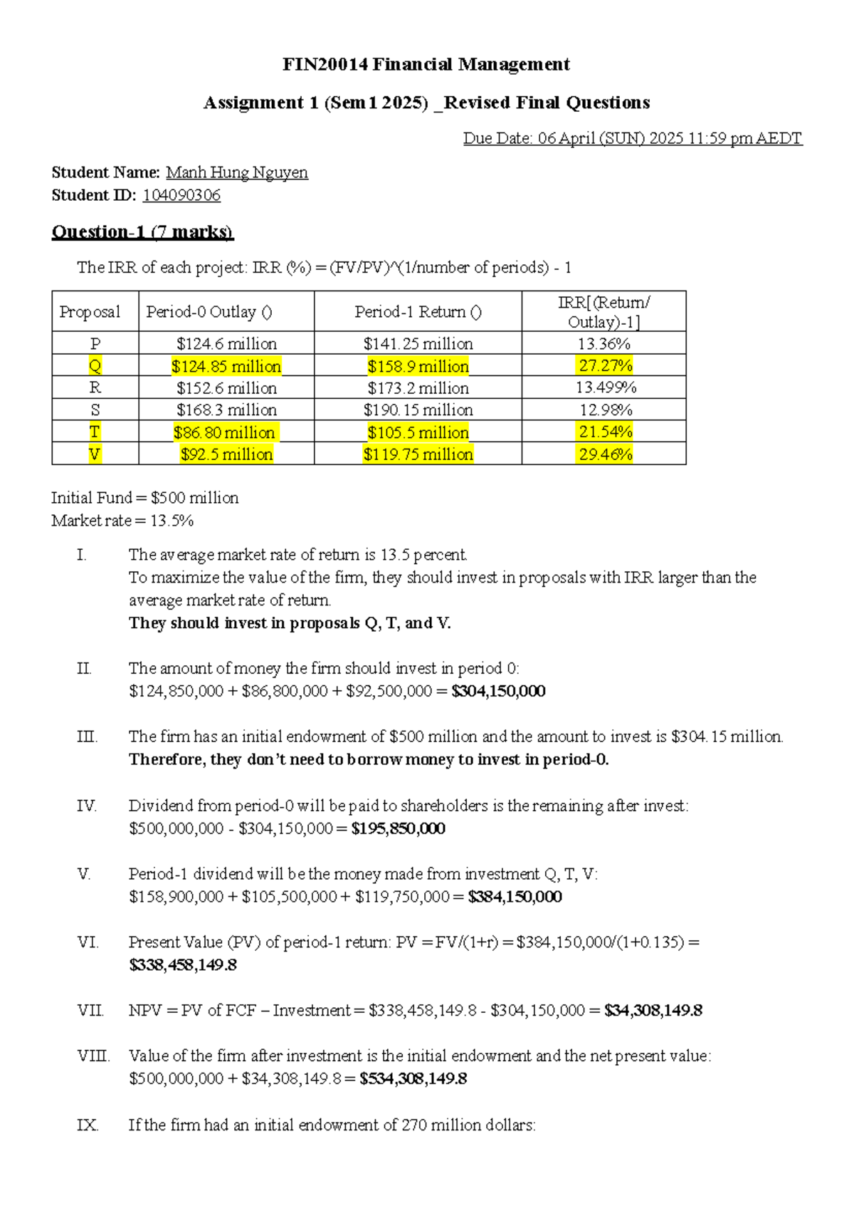 FIN20014 Financial Management Assignment 1 (Sem1 2025) - Revised ...