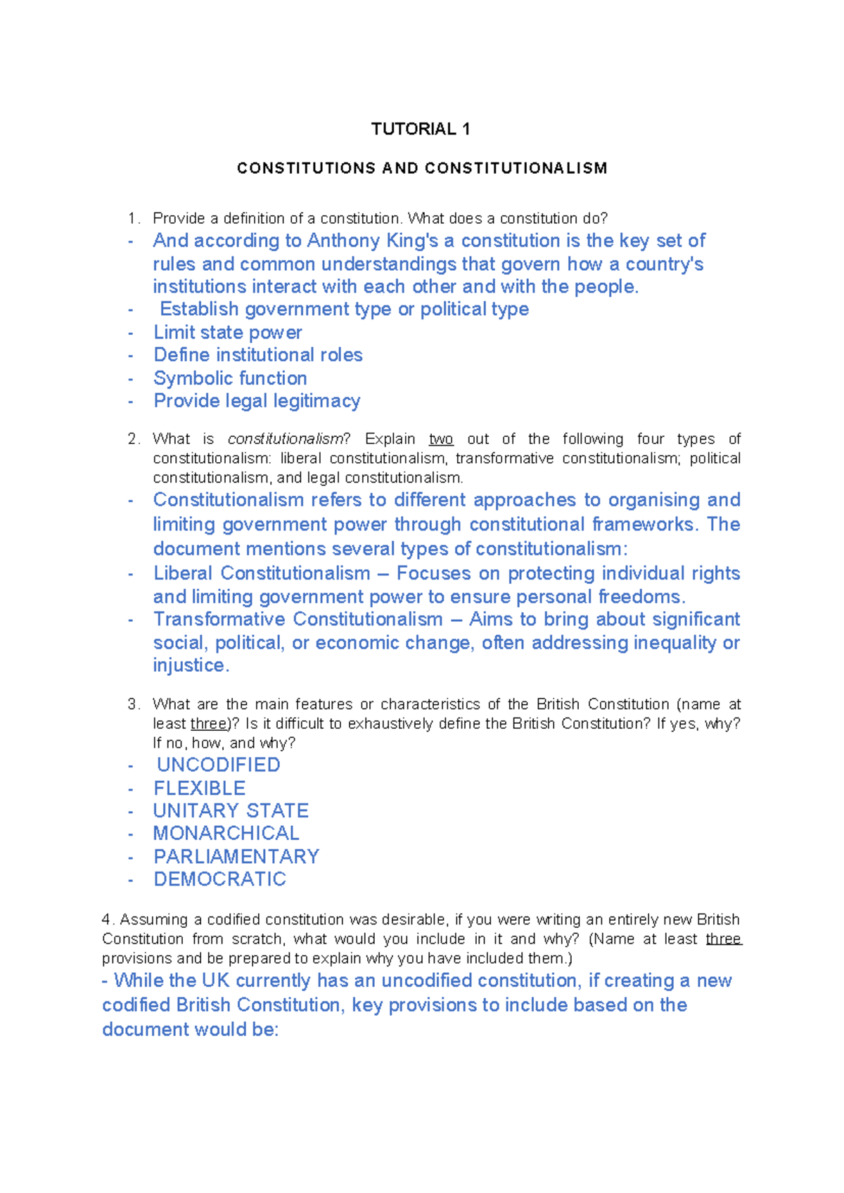 TUTORIAL 1: INTRODUCTION TO CONSTITUTIONS AND CONSTITUTIONALISM - Studocu