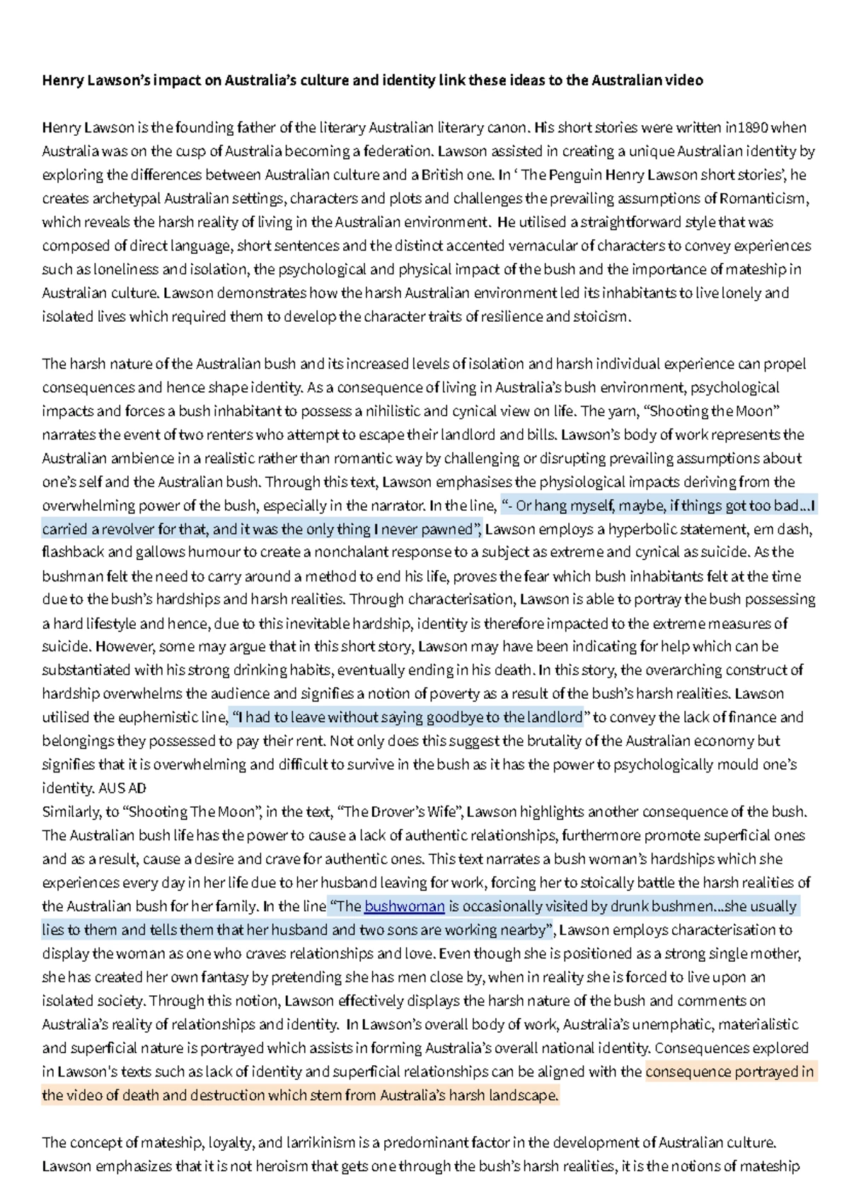 Pre Prepared Essay MA Module A Henry Lawson Pre Prepared Essay