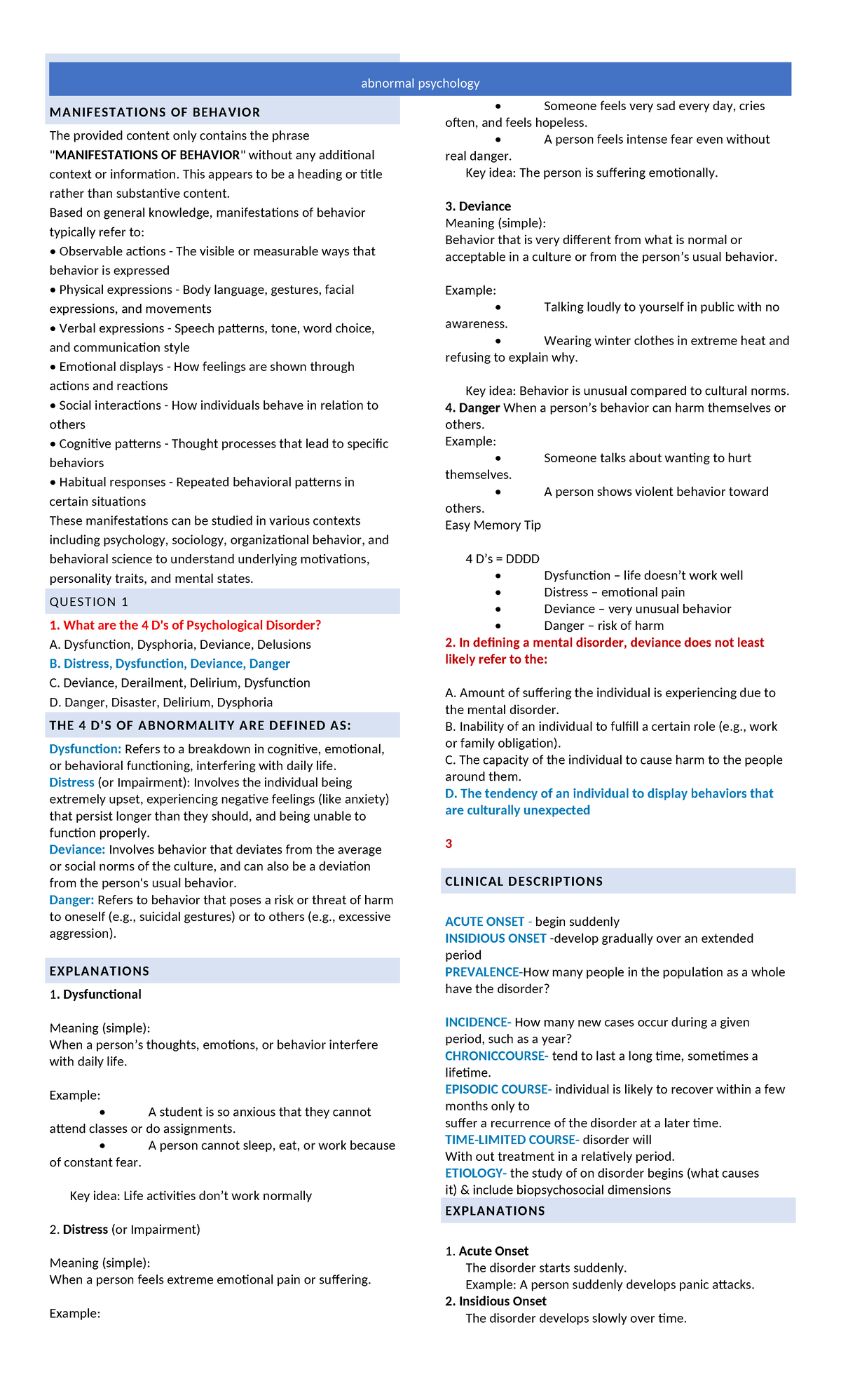 Abnormal Psychology Course Notes: Manifestations of Behavior and ...