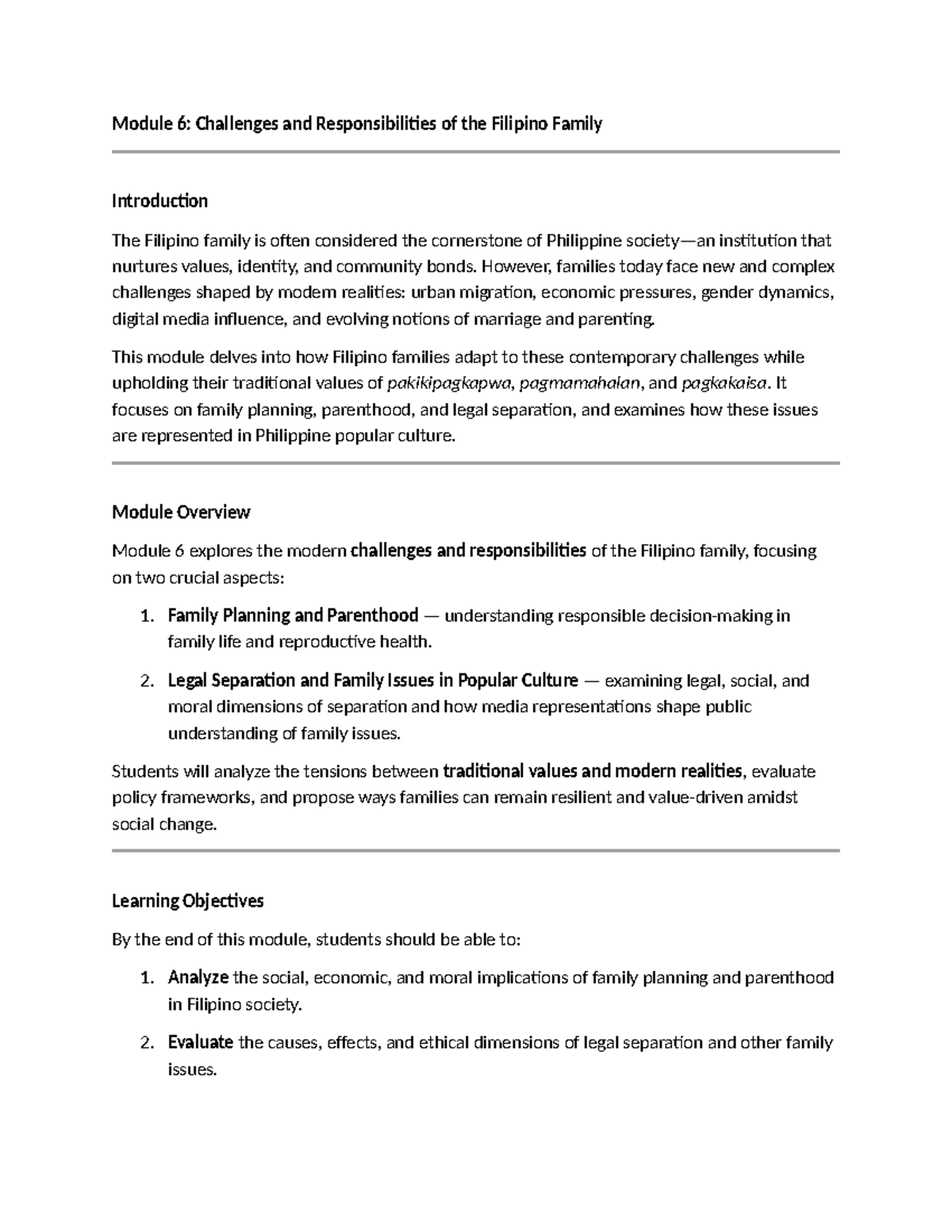 Module 6: Filipino Family Challenges & Responsibilities Overview - Studocu
