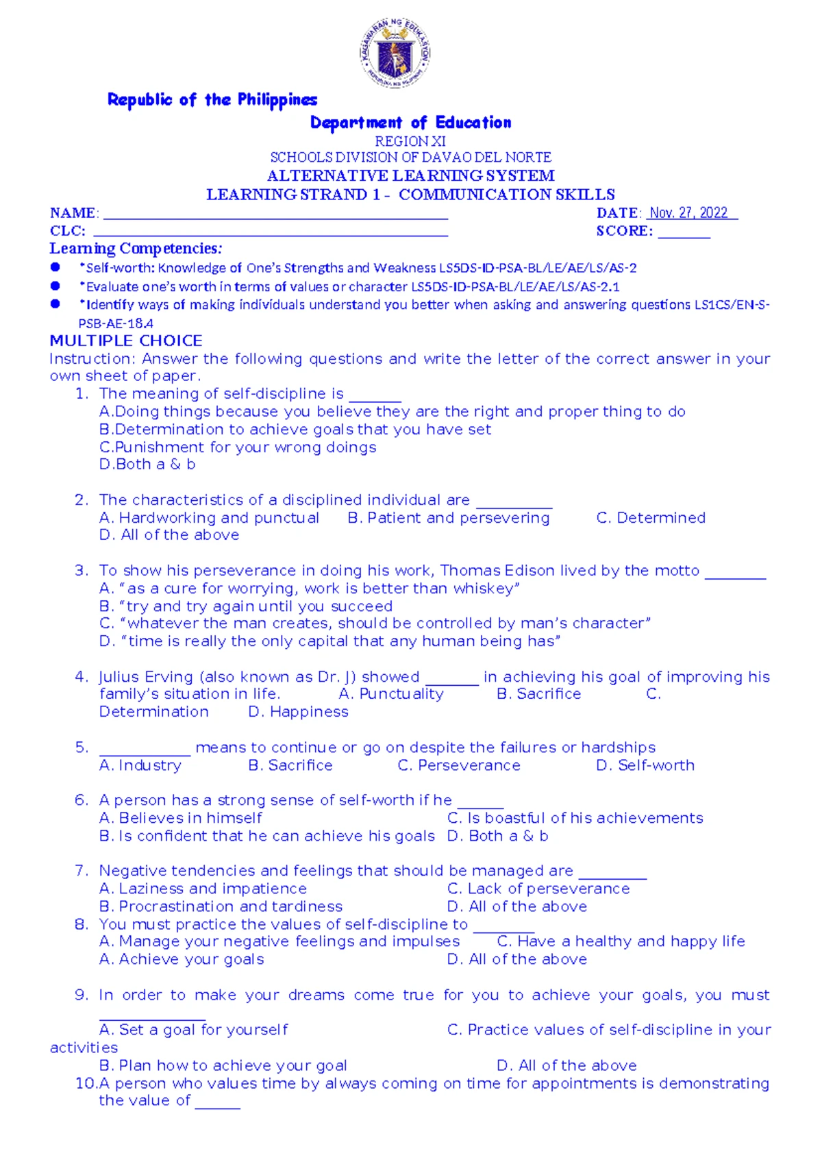 LS1 - Week 3 JHS - Learning Activity Sheets for English - ALS - Studocu