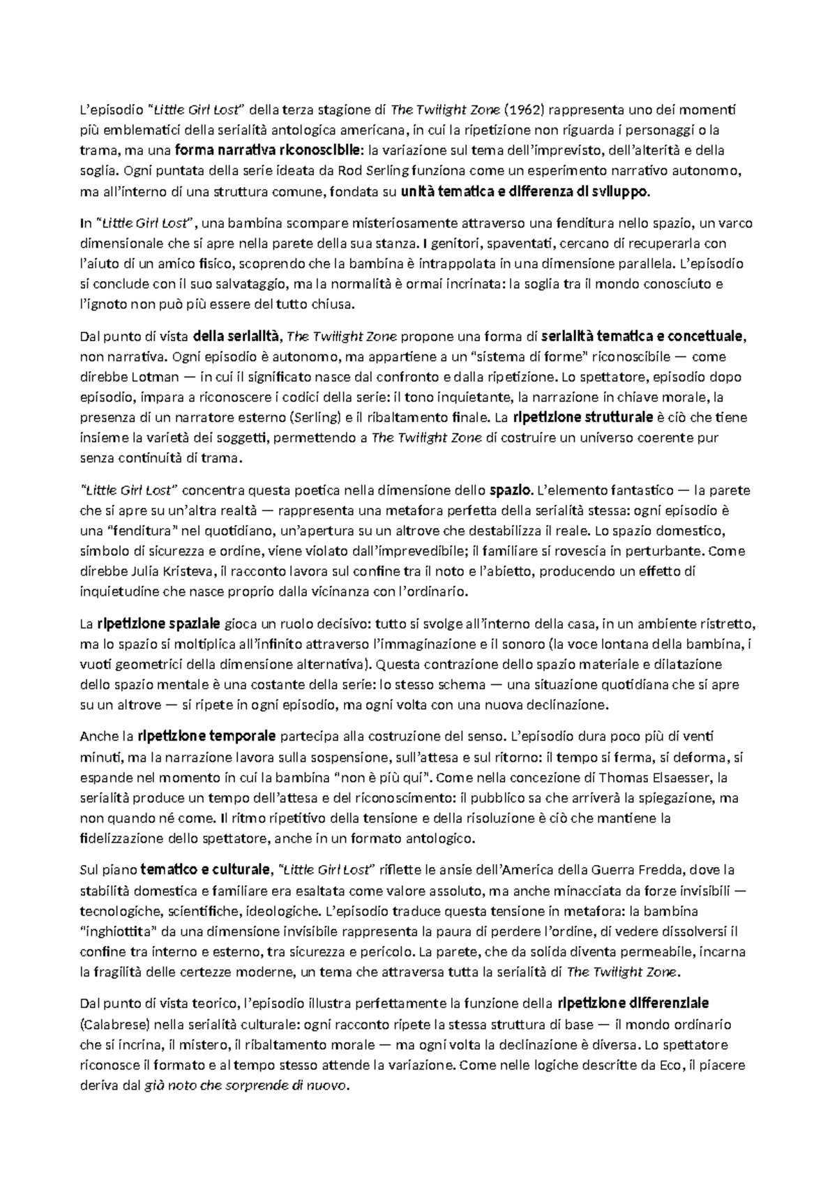 Riassunto di "Little Girl Lost" - The Twilight Zone (1962) - Studocu