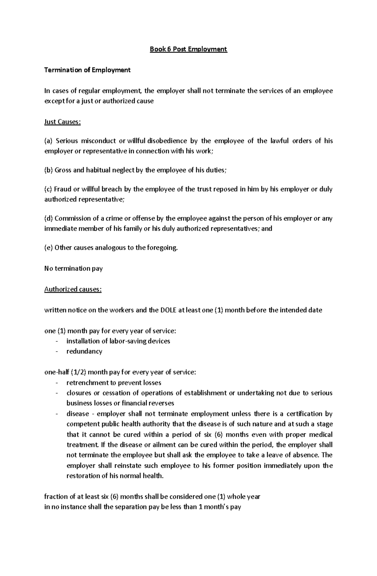 Book 6: Post Employment Termination - LABOR LAW Overview - Studocu