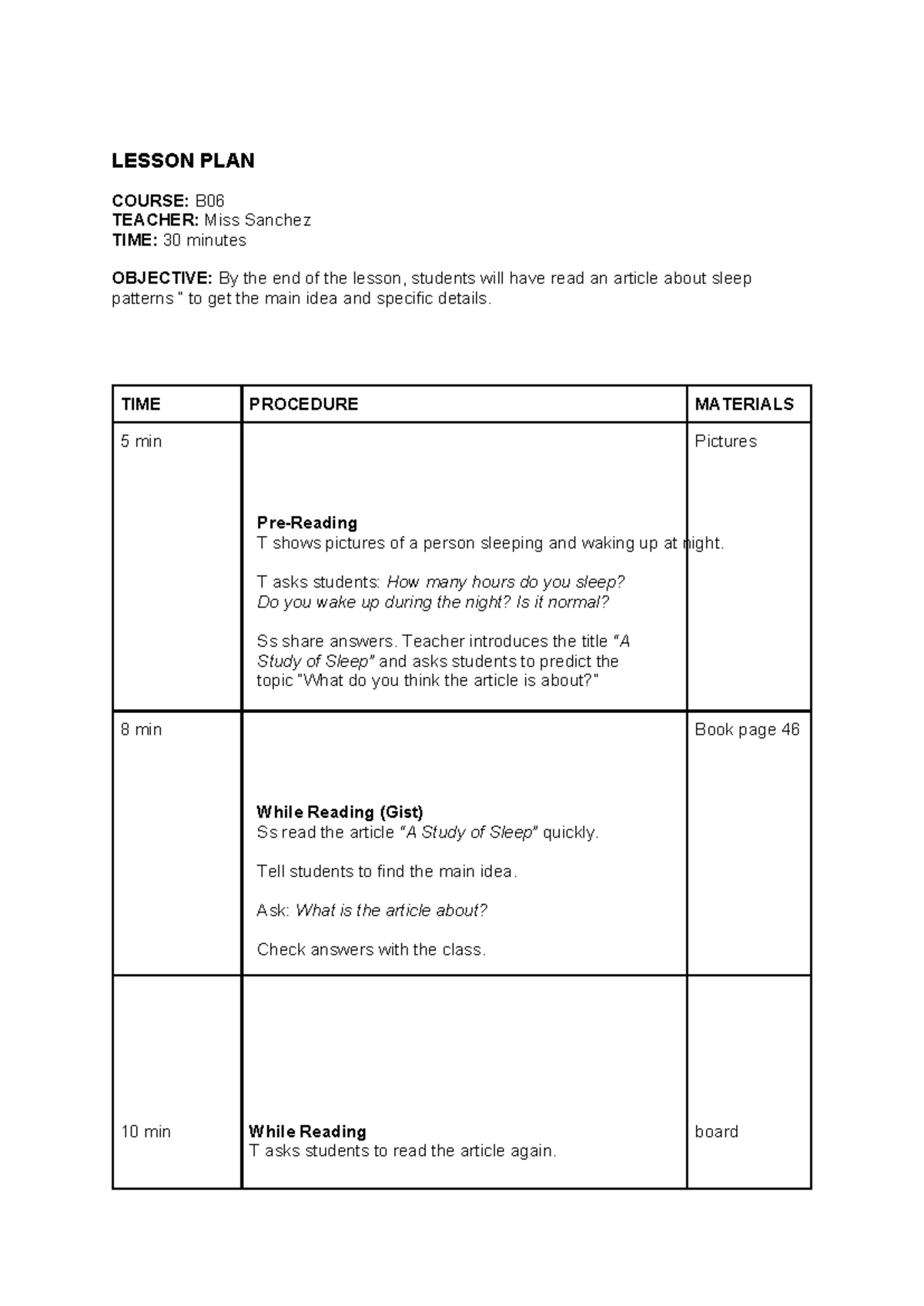 Lesson Plan: Sleep Patterns - MET 4 - Miss Sanchez - Studocu