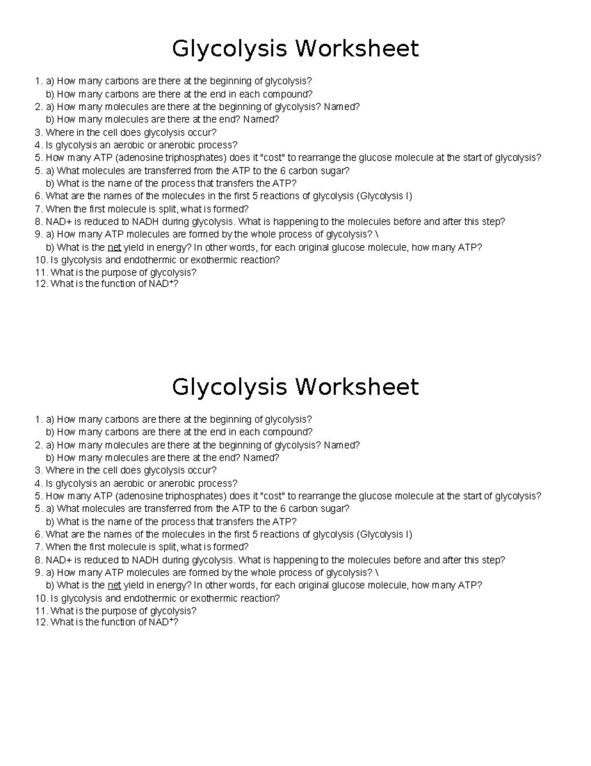 SBI4U - Glycolysis Questions Worksheet - Studocu