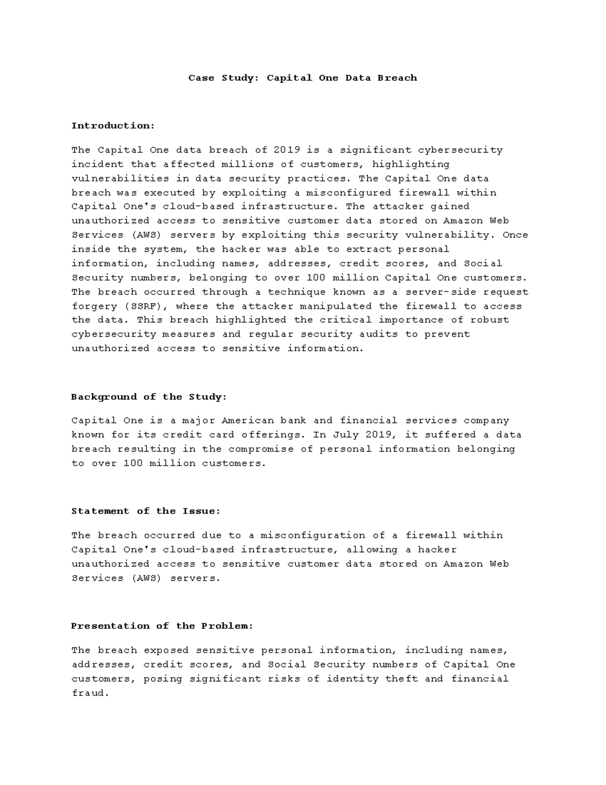 Case Study - Capital One Data Breach: Impacts & Security Lessons - Studocu