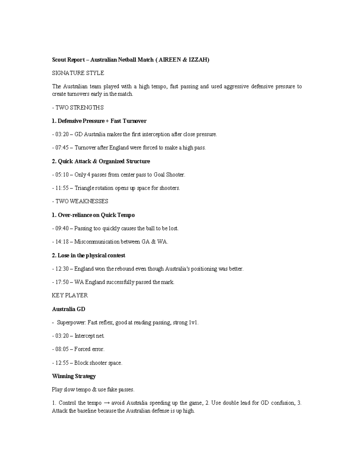 Netball Match Scout Report (AIREEN IZZAH) - PAIR 20 Minit Analysis ...