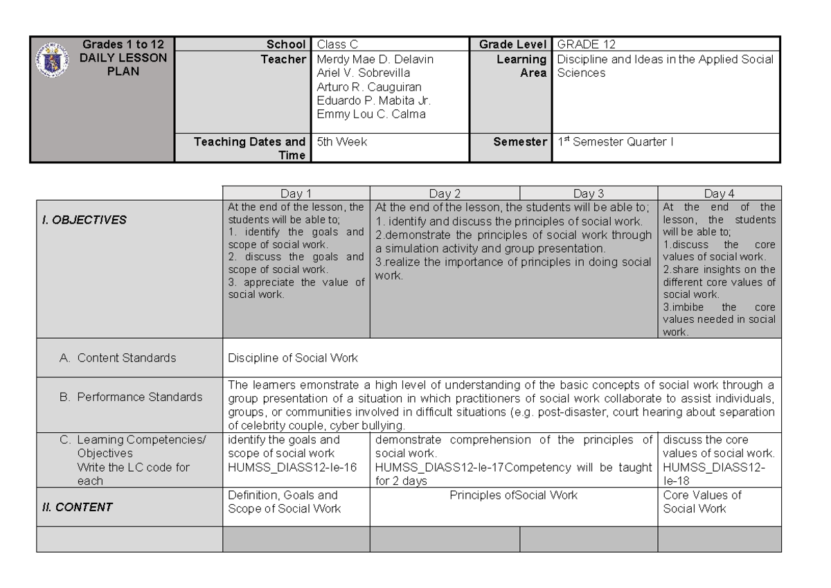 HUMSS_DIASS12 Daily Lesson Plan: Understanding Social Work Principles ...