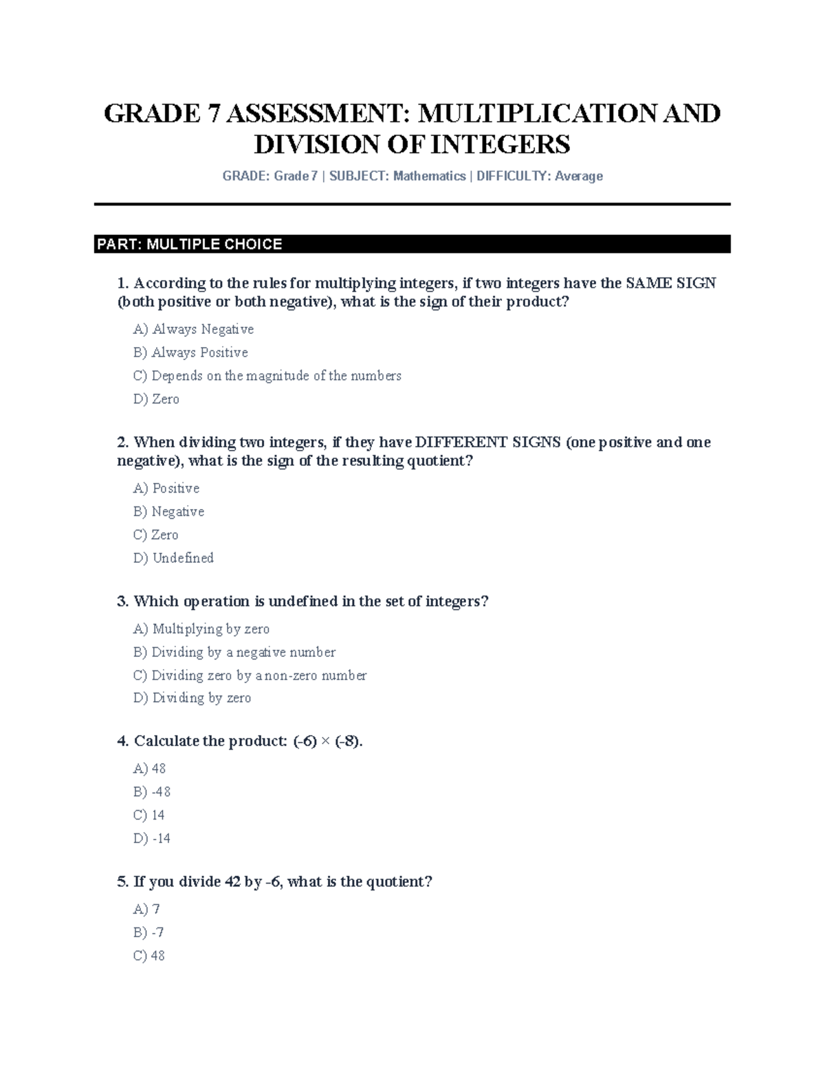 GRADE 7 MATH ASSESSMENT: MULTIPLICATION & DIVISION OF INTEGERS - Studocu