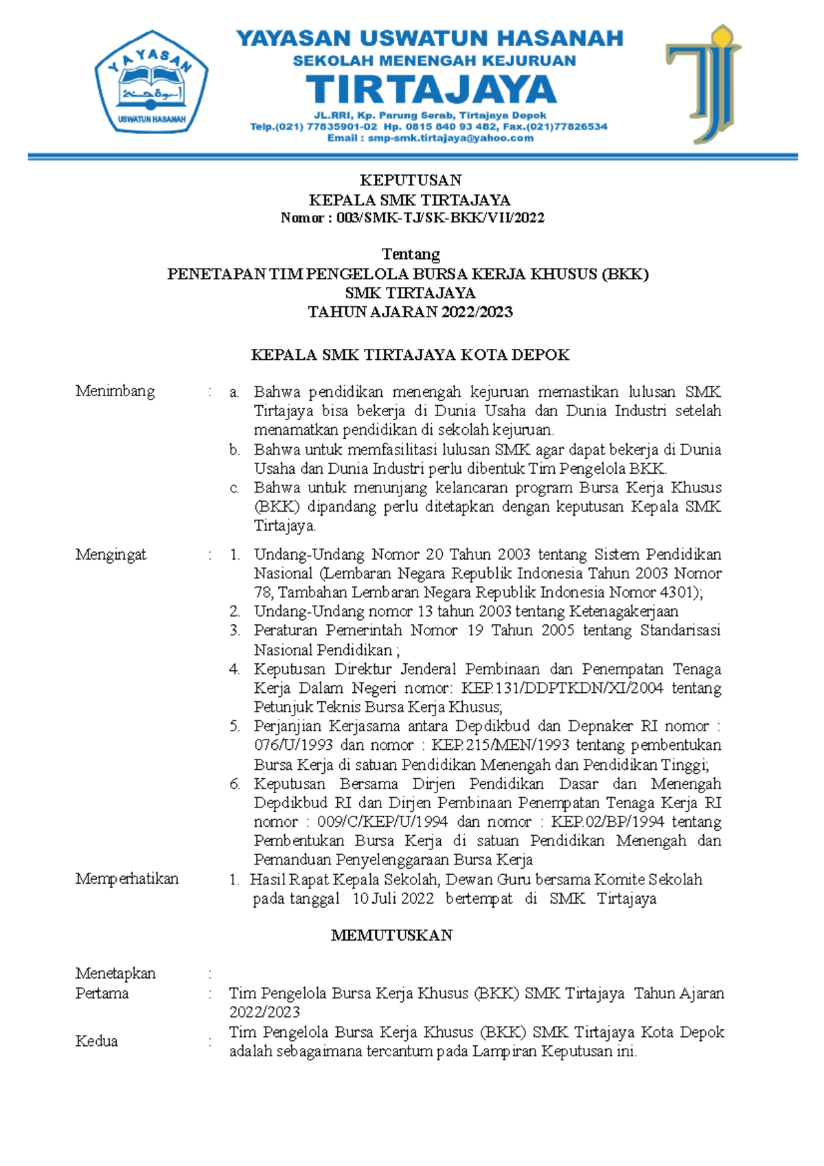 Keputusan Pembentukan Tim Pengelola BKK SMK Negeri 1 Bengkayang 2022 ...