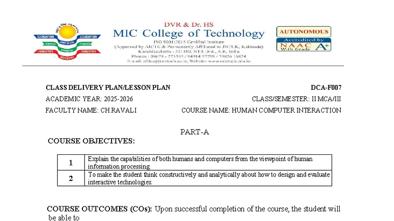 II MCA HCI Lesson Plan for Academic Year 2023-2024 - Studocu