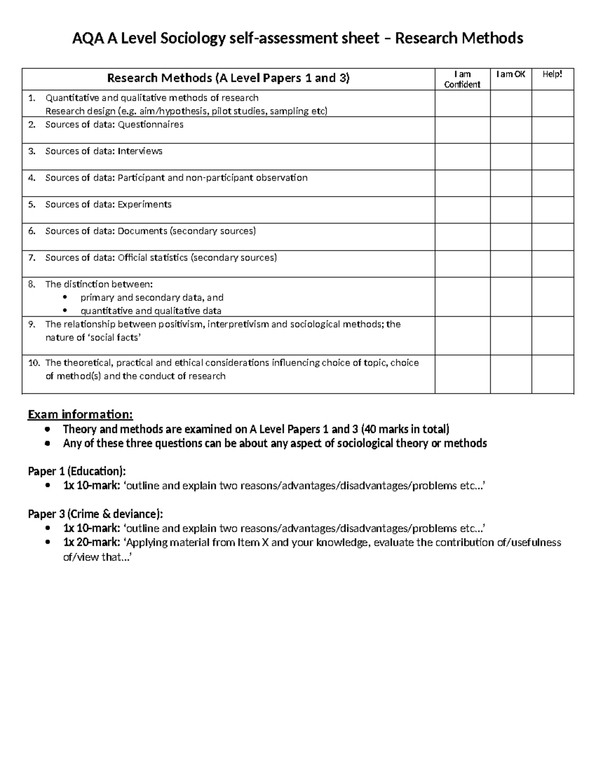 00 AQA A Level Sociology - Research Methods Self Assessment 2019-20 ...