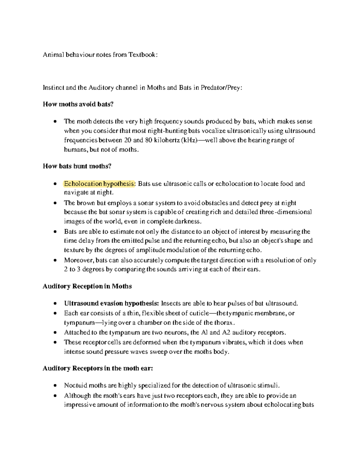 Animal Behavior (BHV 202) Term Test 2 Notes: Moths, Bats, and Learning ...