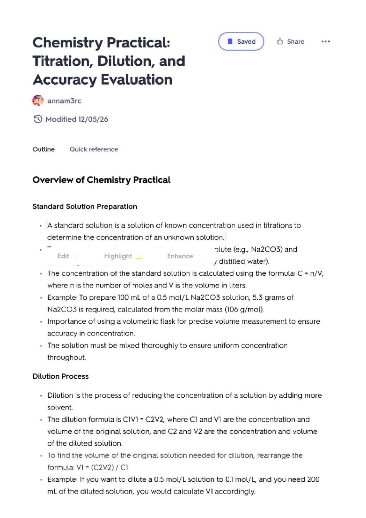 CHEM Study Notes MOD1 YEAR11: Titration, Dilution & Accuracy - Studocu