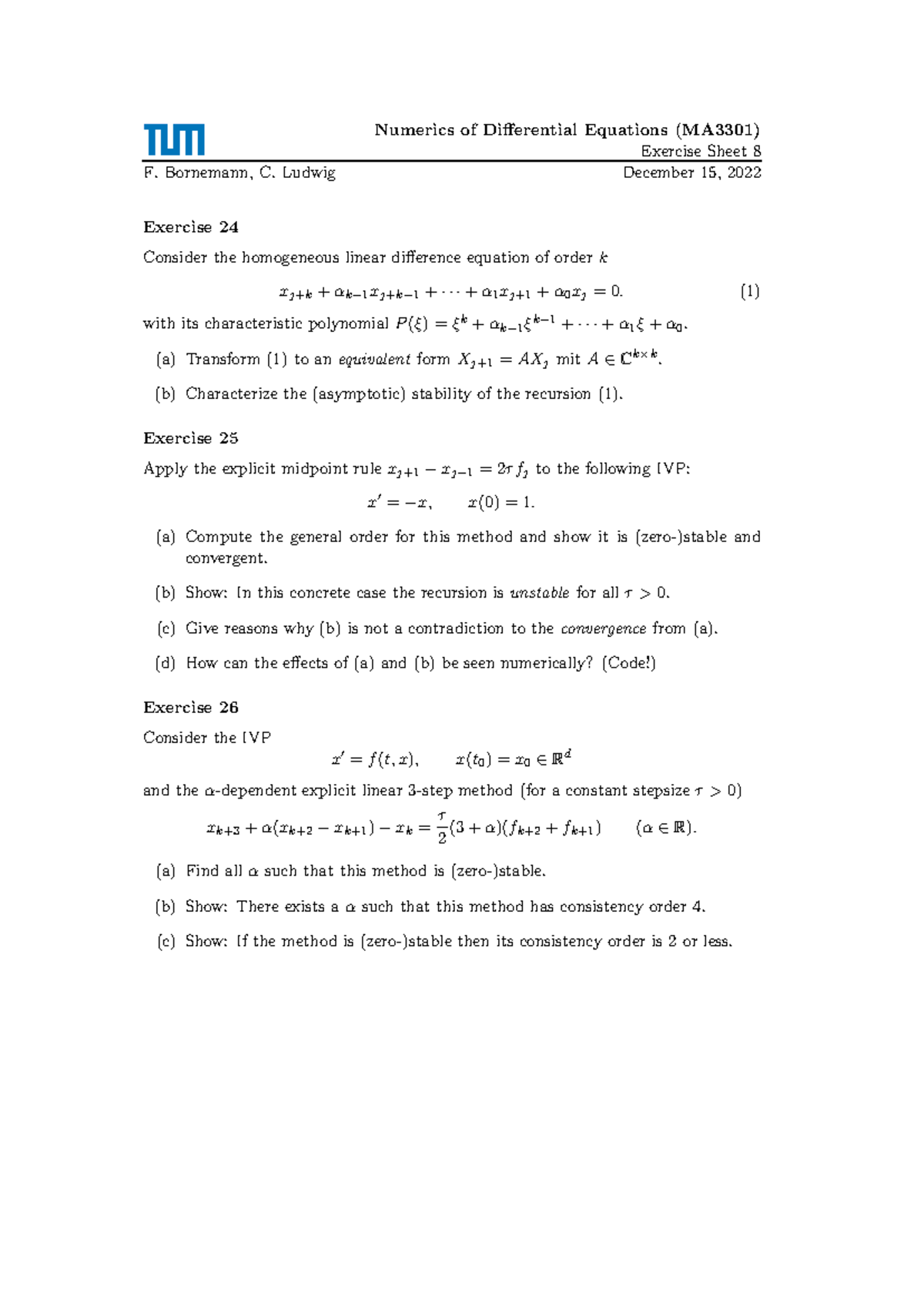 NOD Ex Sheet 08 - Numerics of Differential Equations (MA3301) Exercise Sheet 8 F. Bornemann, C ...