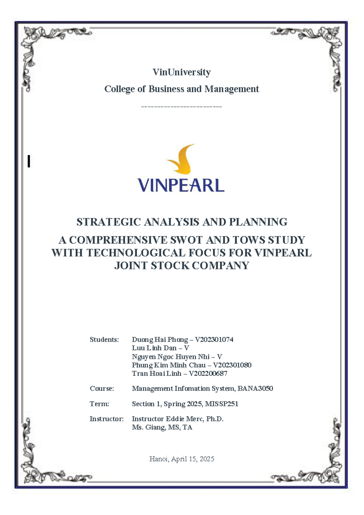 MIS Group 8: Strategic Analysis of VinPearl JSC - A SWOT & TOWS Study ...