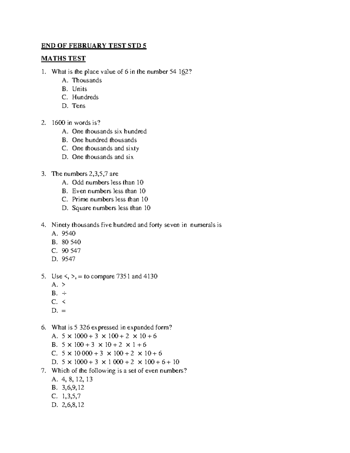 Maths 5 End of February Test Questions and Answers - Studocu