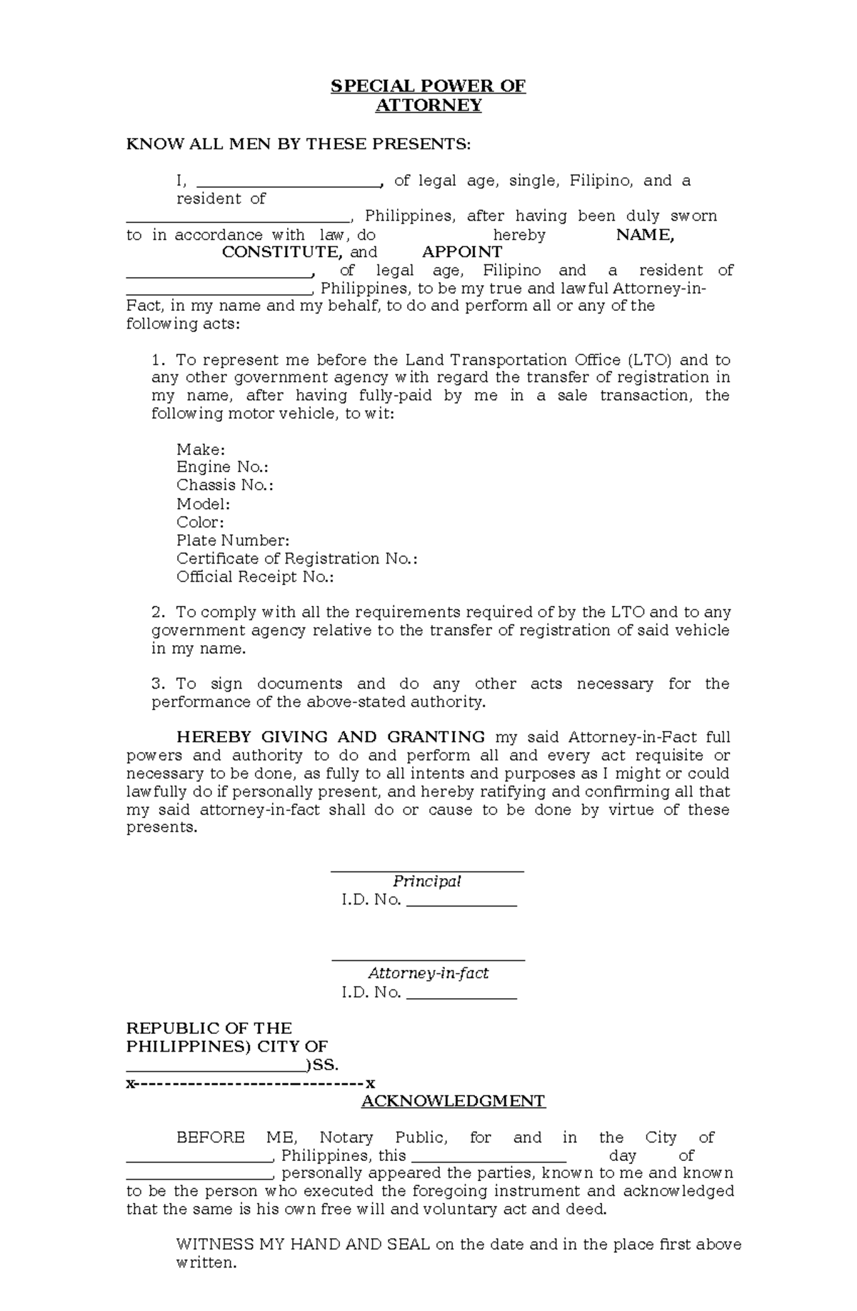 LTO Special Power of Attorney Sample Document - Studocu